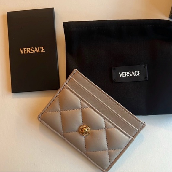 Versace | Bags | Versace Quilted Card Holder In Beige With Gold Accent ...